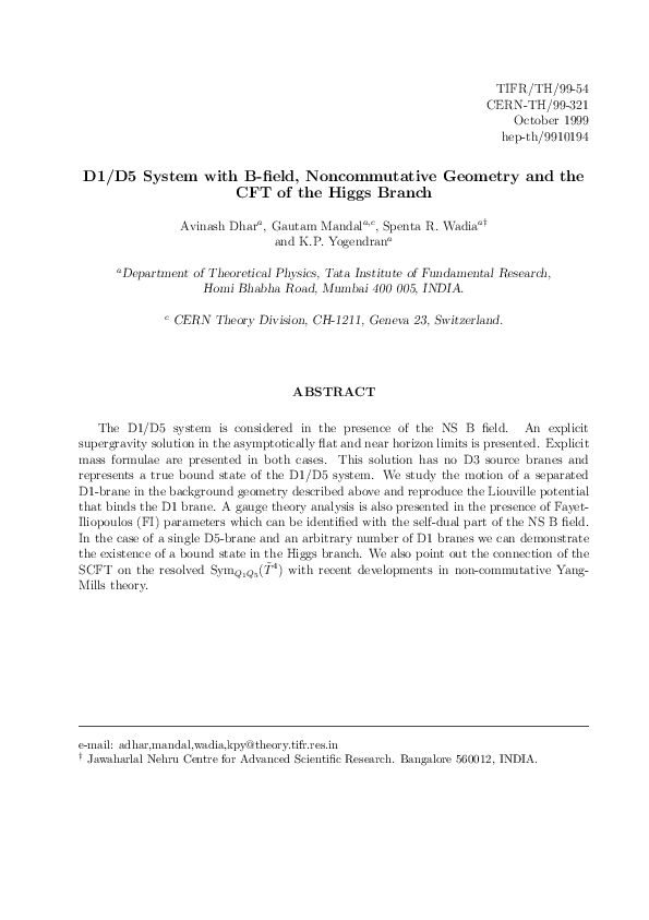 (PDF) D1/D5 system with B-field, noncommutative geometry and the CFT of the Higgs branch