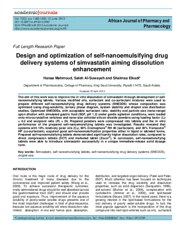 Pdf Design And Optimization Of Self Nanoemulsifying Formulations For