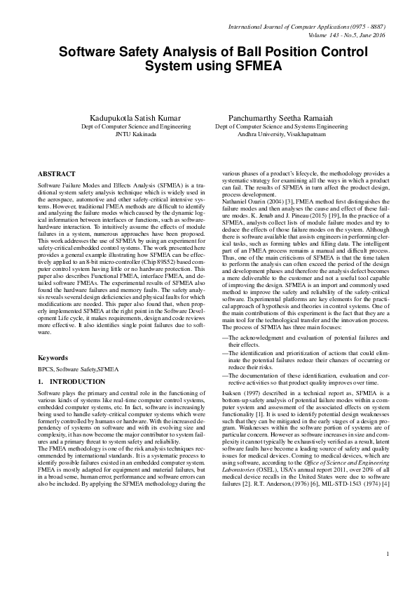 (PDF) Software Safety Analysis of Ball Position Control System using SFMEA