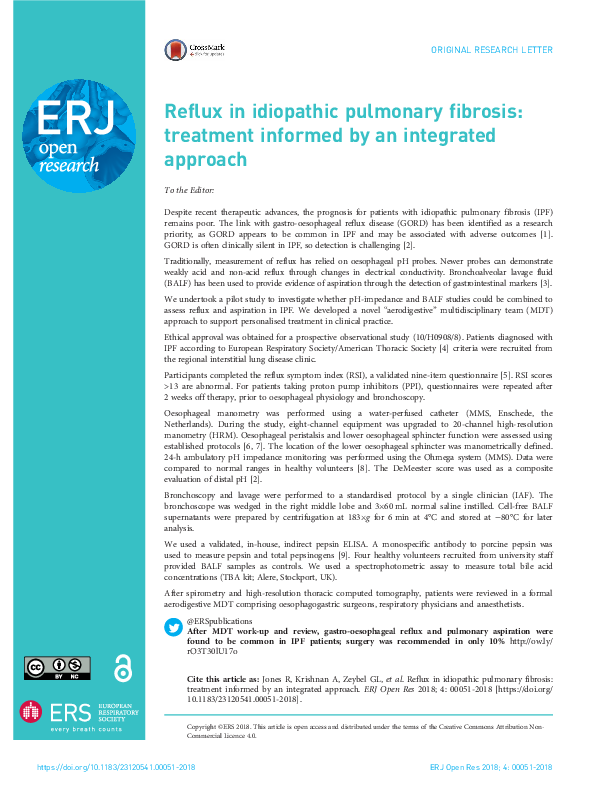 (PDF) Reflux in idiopathic pulmonary fibrosis: treatment informed by an ...