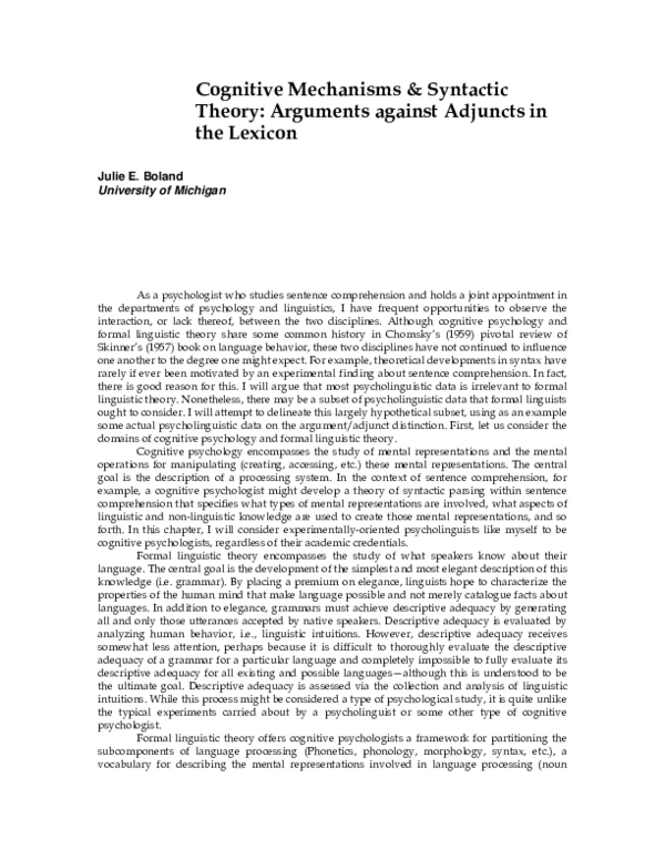 (PDF) Cognitive Mechanisms & Syntactic Theory: Arguments against Adjuncts in the Lexicon