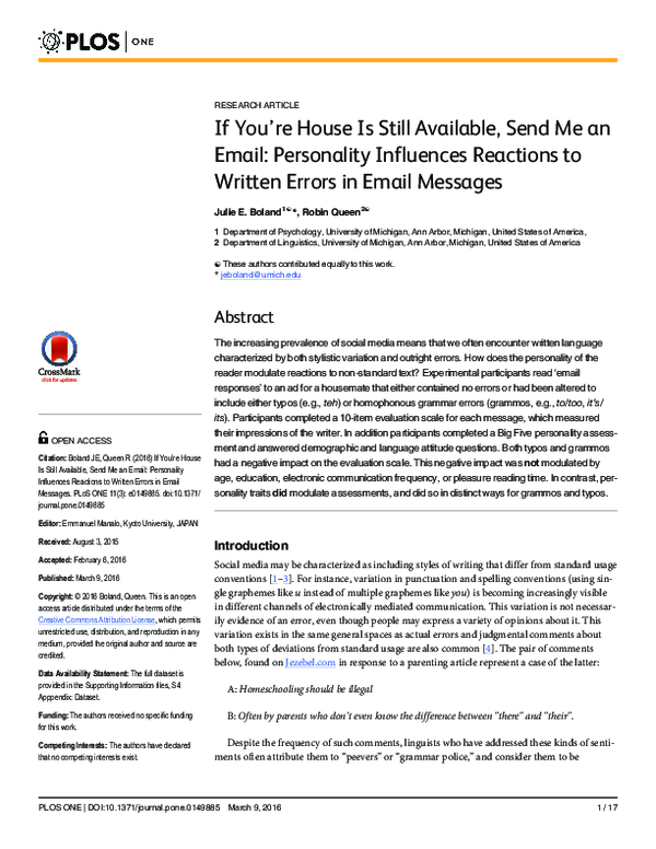 (PDF) If You’re House Is Still Available, Send Me an Email: Personality ...