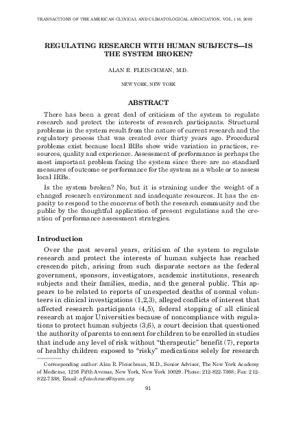 (PDF) Regulating research with human subjects: Is the system broken?