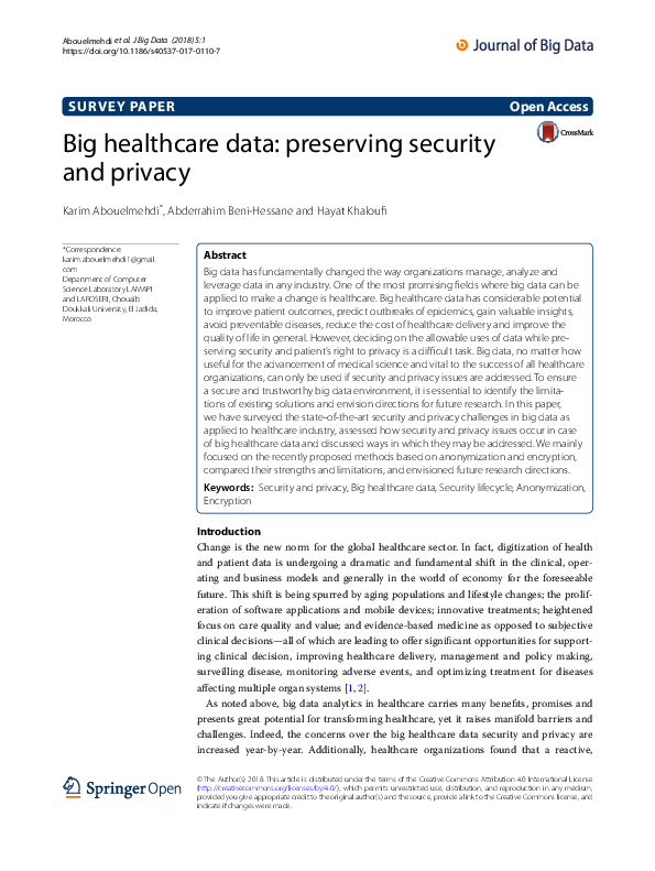 (PDF) Big healthcare data: preserving security and privacy | Hayat ...