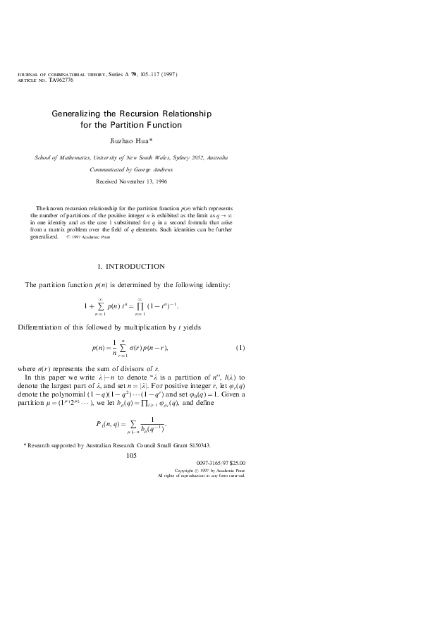 Pdf Generalizing The Recursion Relationship For The Partition Function