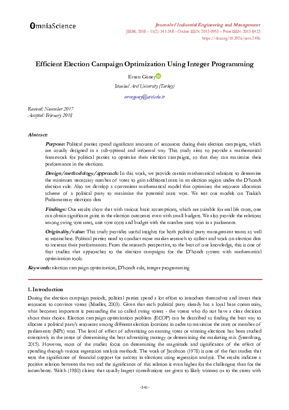 (PDF) Efficient election campaign optimization using integer programming