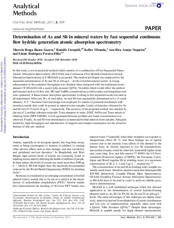 Pdf Determination Of As And Sb In Mineral Waters By Fast Sequential Continuous Flow Hydride
