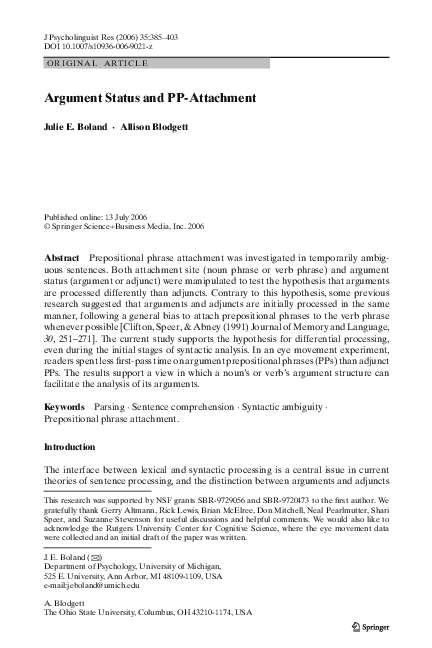 (PDF) Argument Status and PP-Attachment