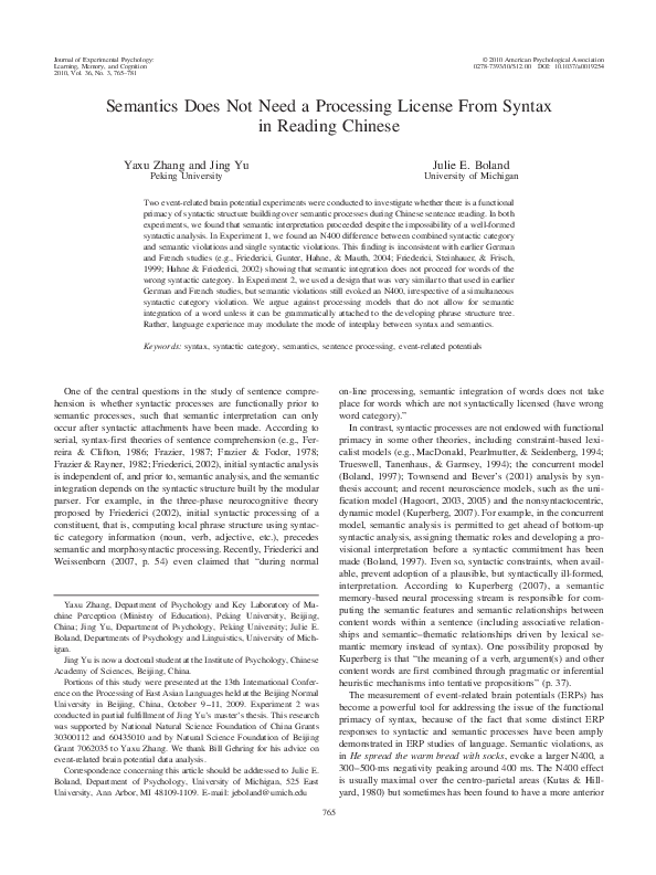 Pdf Semantics Does Not Need A Processing License From Syntax In Reading Chinese