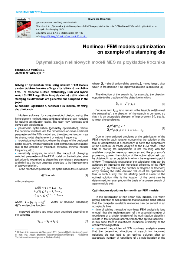 (PDF) Nonlinear FEM models optimization on example of a stamping die
