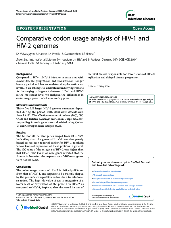 Pdf Comparative Codon Usage Analysis Of Hiv 1 And Hiv 2 Genomes