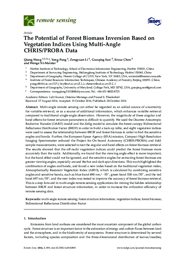 (PDF) The Potential of Forest Biomass Inversion Based on Vegetation Indices Using Multi-Angle ...
