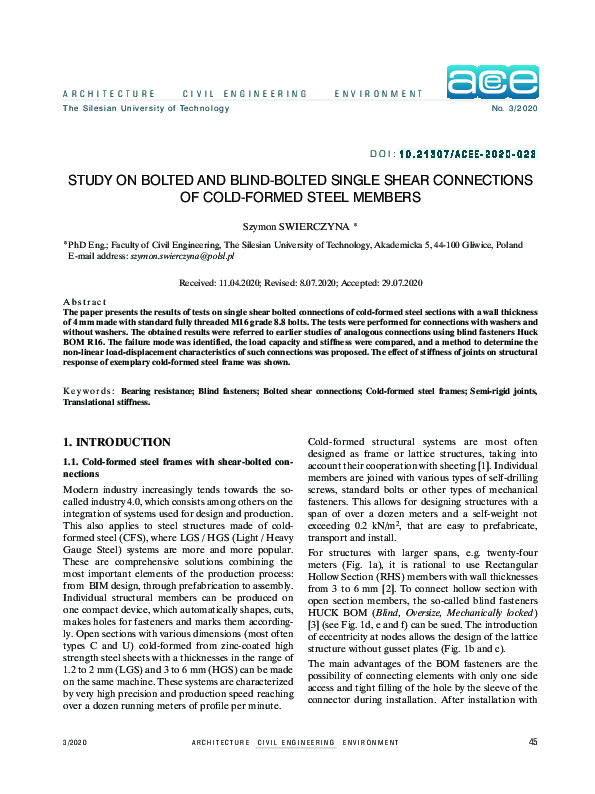 (PDF) Study on Bolted and Blind-Bolted Single Shear Connections of Cold ...