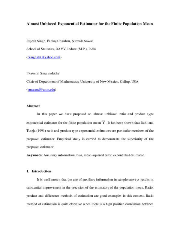 (PDF) Almost Unbiased Exponential Estimator for the Finite Population Mean | Pankaj Chauhan ...