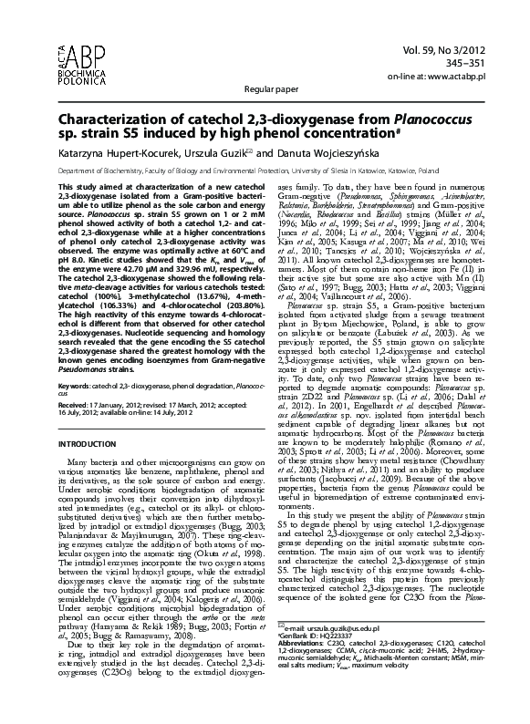 (PDF) Characterization of catechol 2,3-dioxygenase from Planococcus sp ...