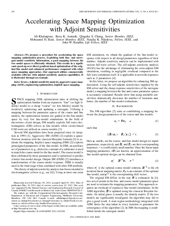 (PDF) Accelerating Space Mapping Optimization with Adjoint Sensitivities