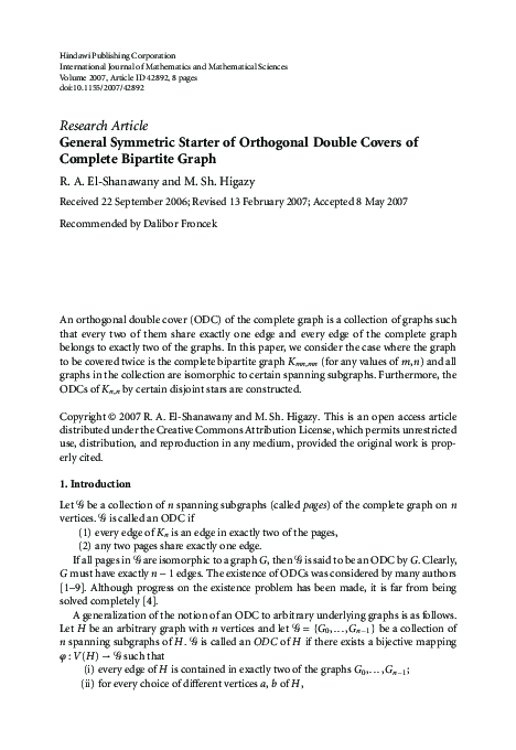 (PDF) General Symmetric Starter of Orthogonal Double Covers of Complete ...