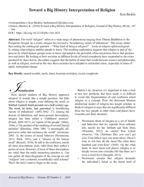 (PDF) Toward a Big History Interpretation of Religion | Ken Baskin ...