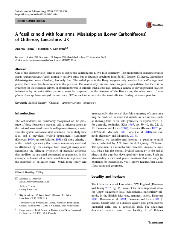 (PDF) A fossil crinoid with four arms, Mississippian (Lower ...