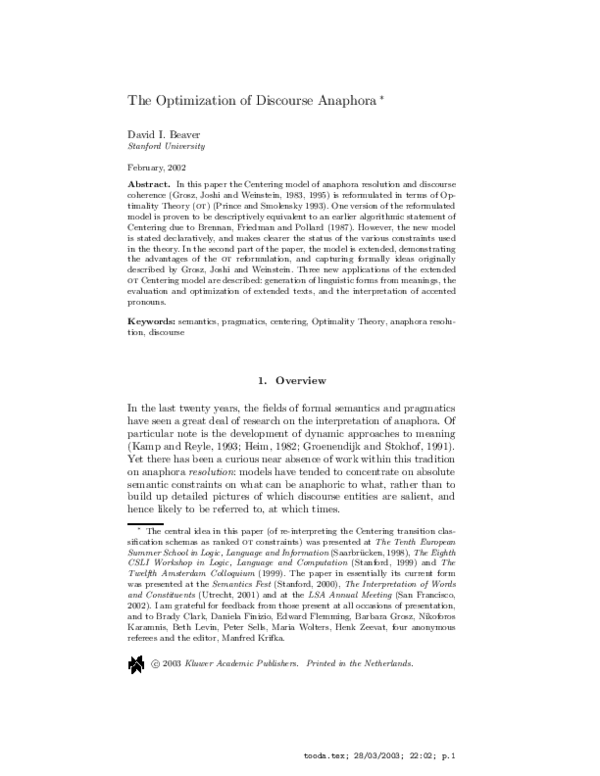 (PDF) The Optimization of Discourse Anaphora | David Beaver - Academia.edu