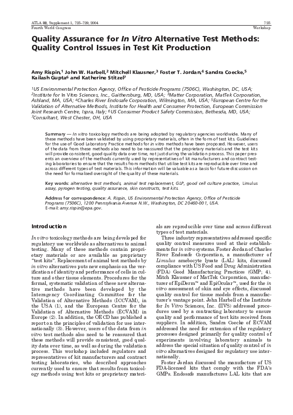 (PDF) Quality assurance for in vitro alternative test methods: quality ...
