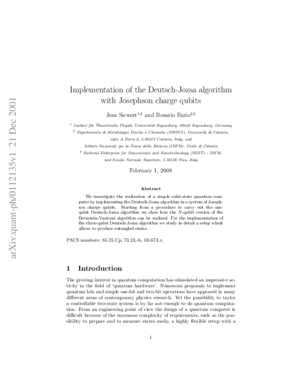 (PDF) Implementation of the Deutsch-Jozsa algorithm with Josephson charge qubits