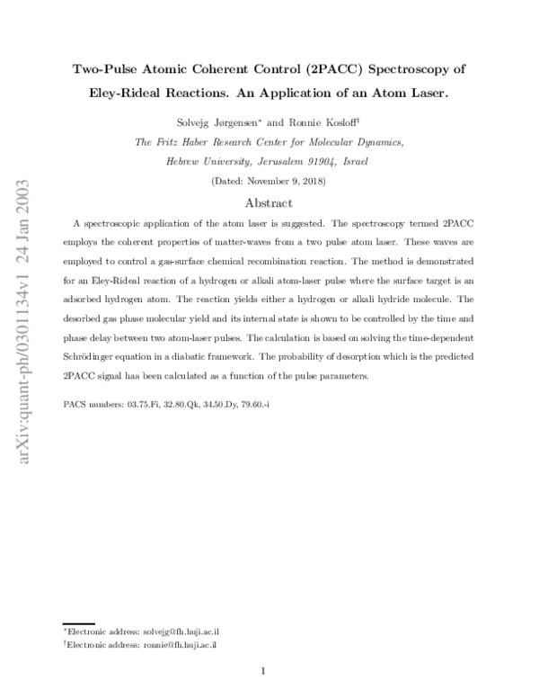 (PDF) Two-pulse atomic coherent control spectroscopy of Eley–Rideal reactions: An application of ...