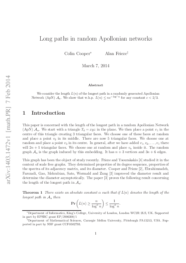 (PDF) Long paths in random Apollonian networks