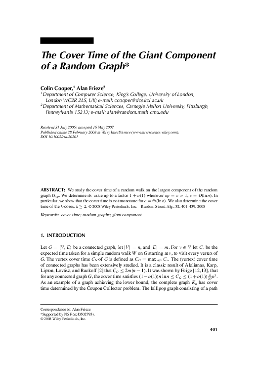 (PDF) The cover time of the giant component of a random graph