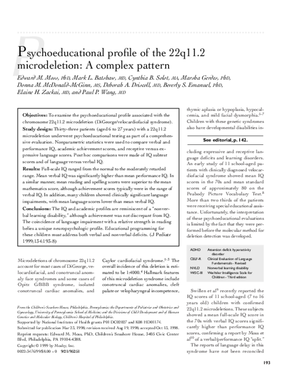 (PDF) Psychoeducational profile of the 22q11.2 microdeletion: A complex ...