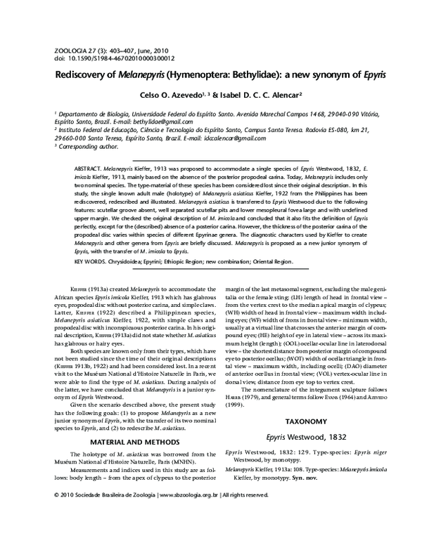(PDF) Rediscovery of Melanepyris (Hymenoptera: Bethylidae): a new ...