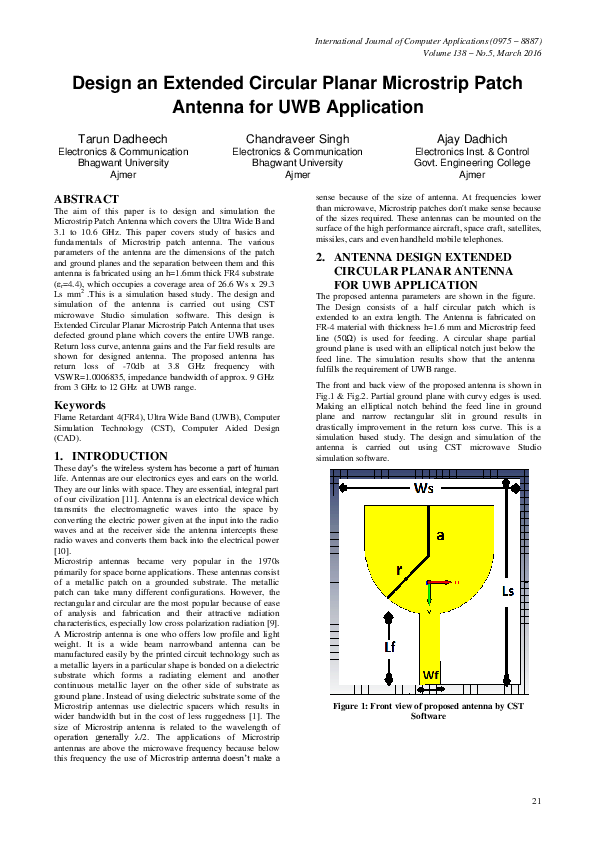 (PDF) Design an Extended Circular Planar Microstrip Patch Antenna for UWB Application