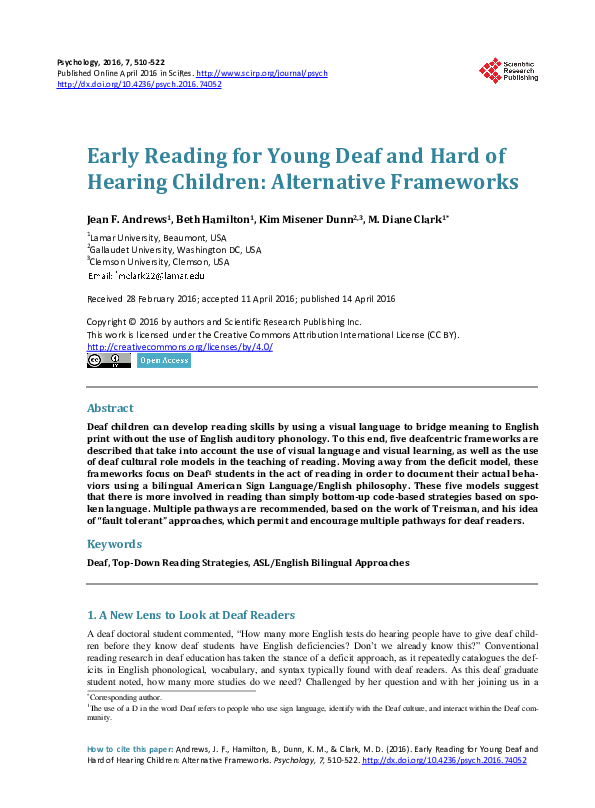 (PDF) Early Reading for Young Deaf and Hard of Hearing Children ...