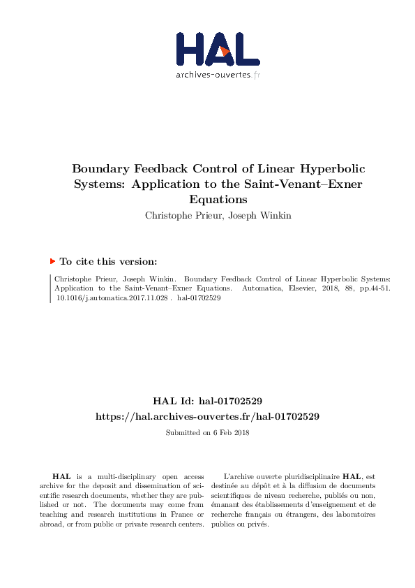 (PDF) Boundary feedback control of linear hyperbolic systems: Application to the Saint-Venant ...