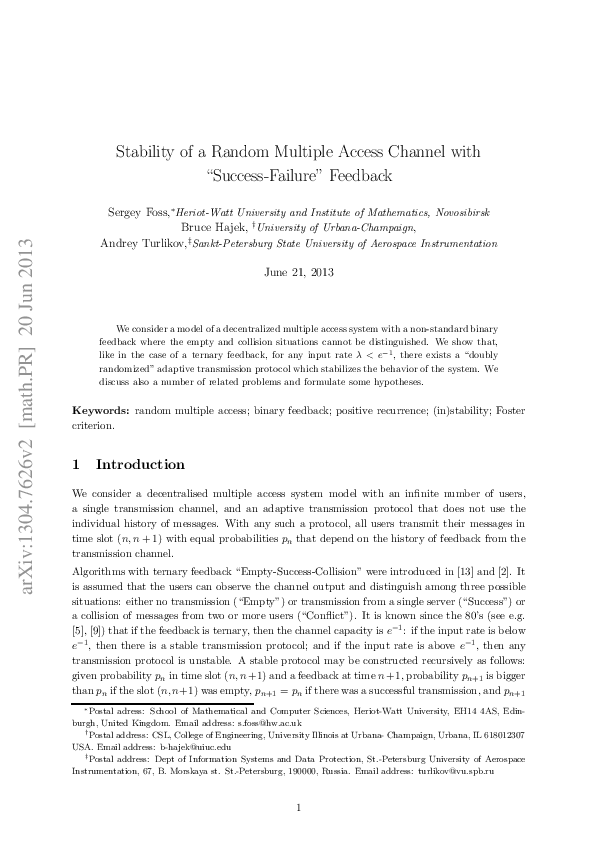 (PDF) Stability of a Random Multiple Access Channel with" Success-Failure" Feedback