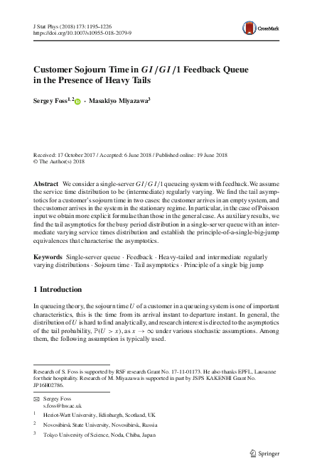 (PDF) Customer Sojourn Time in GI / GI / 1 Feedback Queue in the Presence of Heavy Tails ...