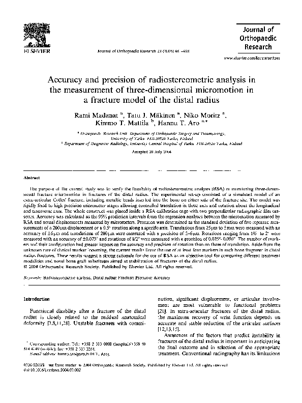 (PDF) Accuracy and precision of radiostereometric analysis in the ...