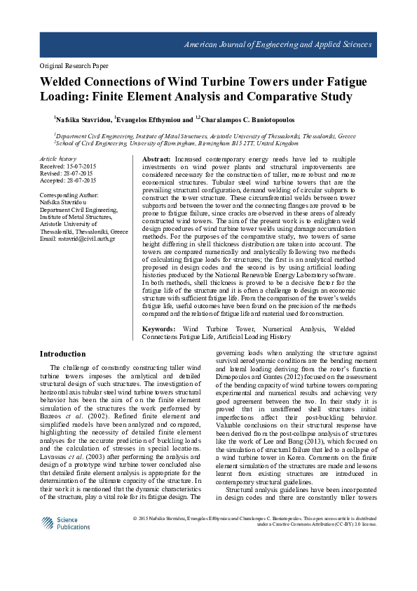 Pdf Welded Connections Of Wind Turbine Towers Under Fatigue Loading