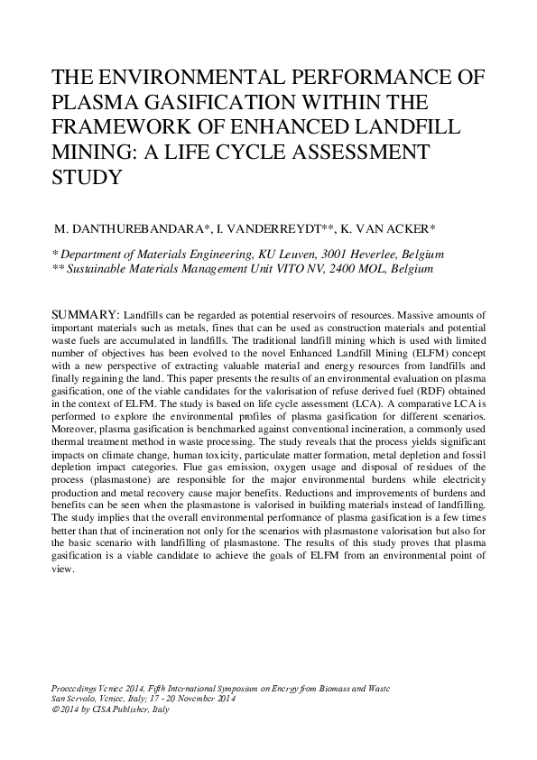 (PDF) The Environmental Performance of Plasma Gasification Within the ...