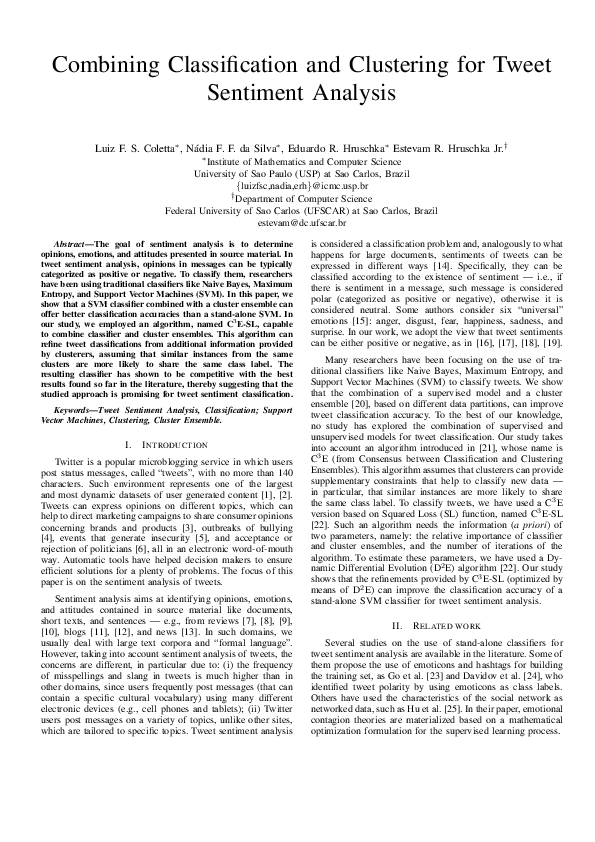(PDF) Combining Classification and Clustering for Tweet Sentiment Analysis