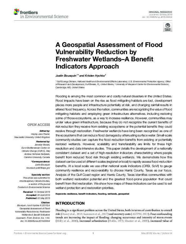 (PDF) A Geospatial Assessment of Flood Vulnerability Reduction by Freshwater Wetlands–A Benefit ...