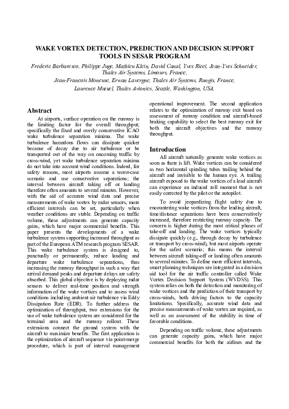 (PDF) Wake vortex detection, prediction and decision support tools in ...