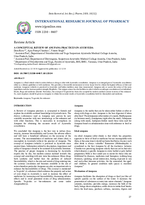 (PDF) A Conceptual Review of Anupana Practices in Ayurveda