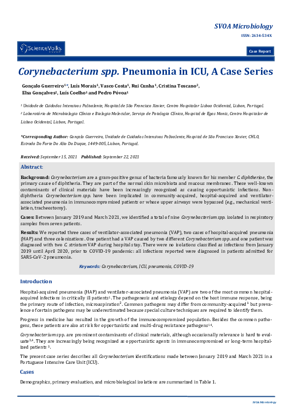 (PDF) Corynebacterium spp. Pneumonia in ICU, A Case Series ...