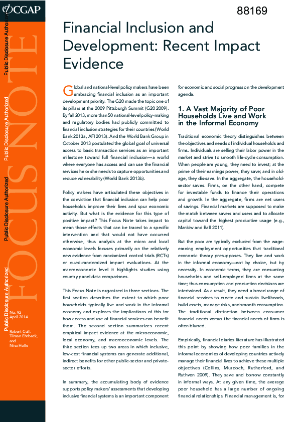 (PDF) Financial inclusion and development : recent impact evidence