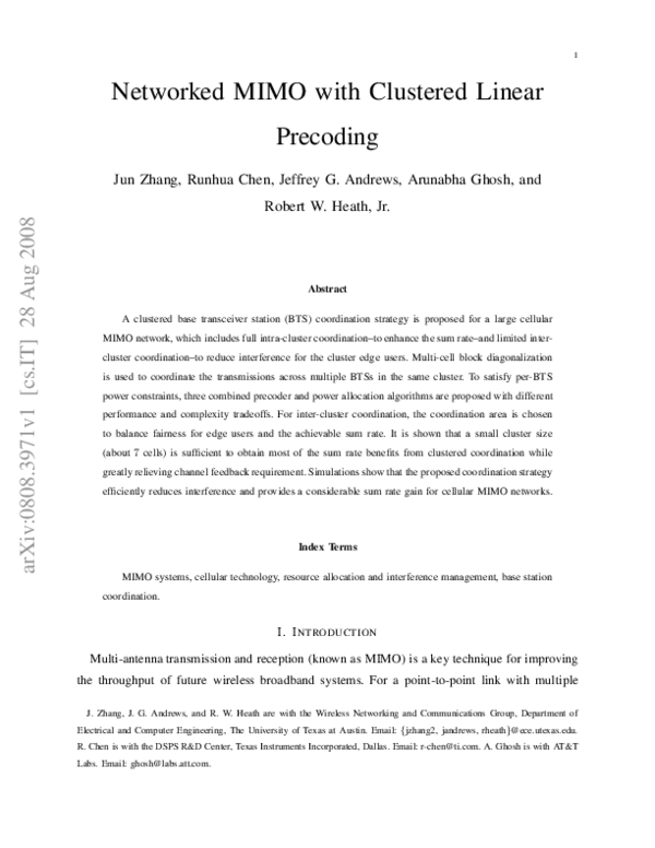 (PDF) Networked MIMO with clustered linear precoding