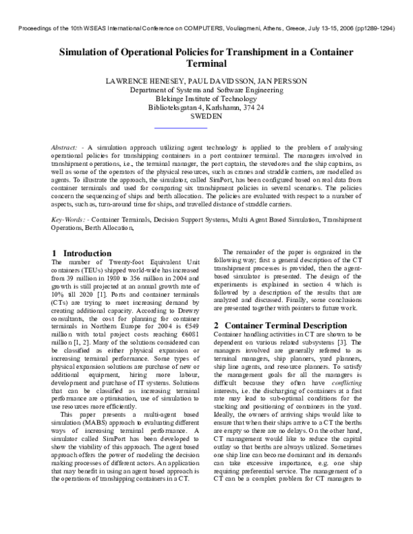 (PDF) Simulation of operational policies for transhipment in a container terminal