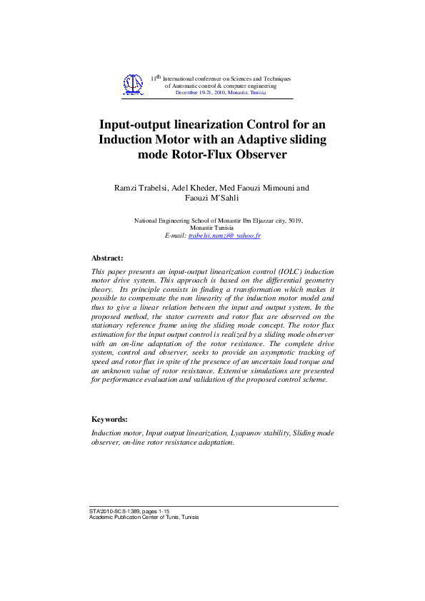 Pdf Input Output Linearization Control For An Induction Motor With An Adaptive Sliding Mode