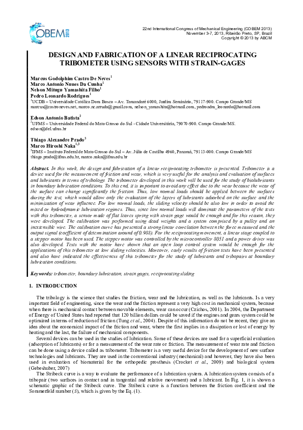 (PDF) Design and Fabrication of a Linear Reciprocating Tribometer Using ...