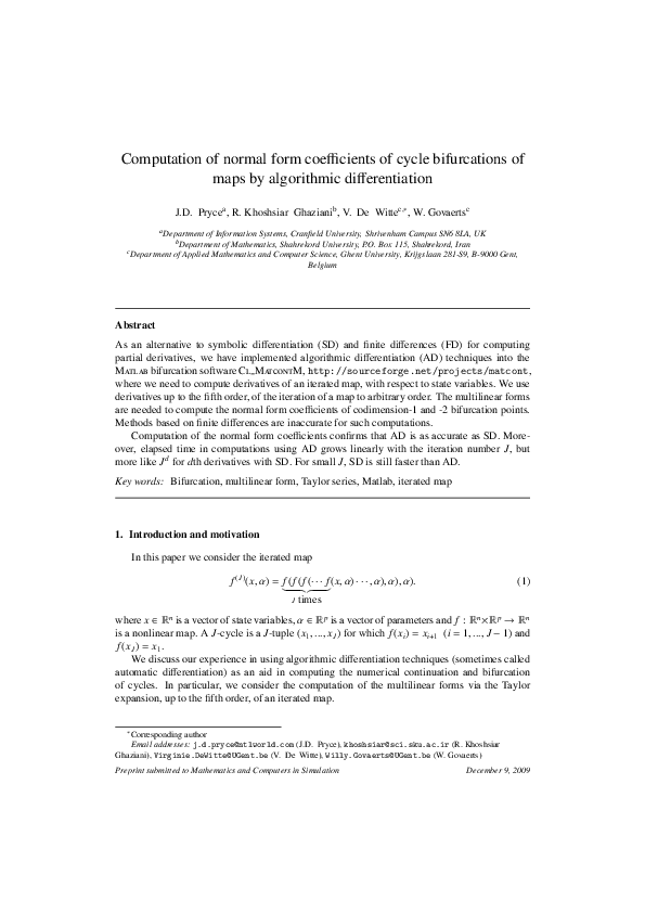 (PDF) Computation of normal form coefficients of cycle bifurcations of maps by algorithmic ...